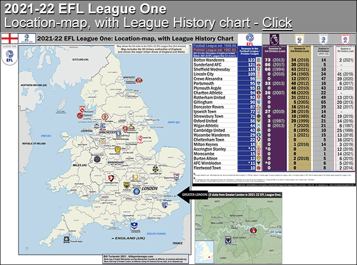 2021-22 EFL League One: Location-map, with League History chart ...